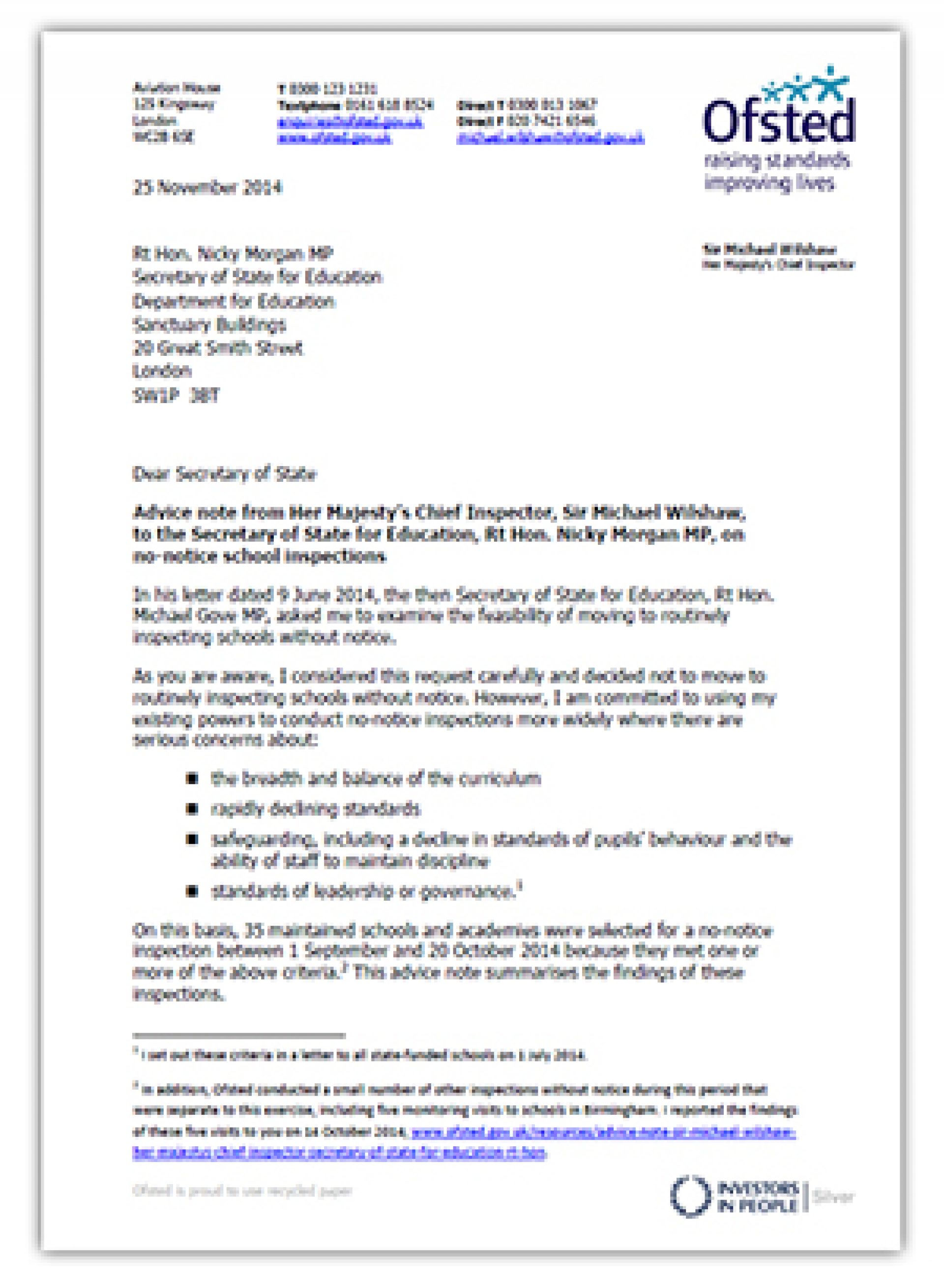 Ofsted publishes outcomes for 35 no-notice inspections following ...